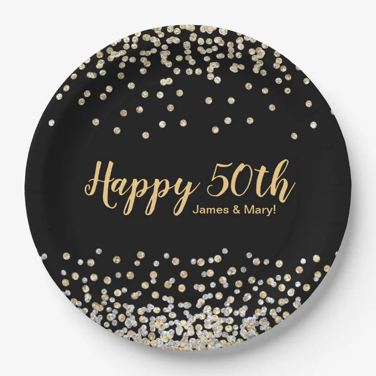 Gold Silver Confetti Custom 50th Anniversary Party Paper Plates | Zazzle