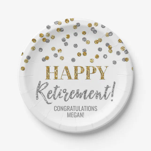Gold Silver Confetti Happy Retirement Paper Plates | Zazzle