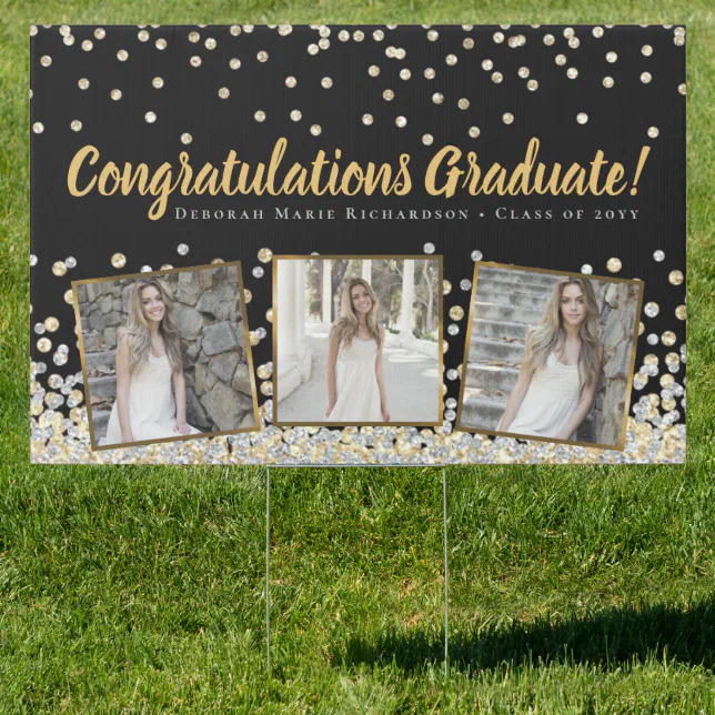Gold Silver Confetti Photo Collage Graduation Sign | Zazzle