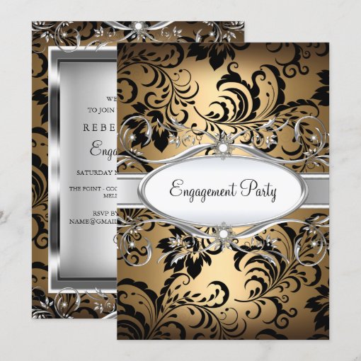 Gold Silver Floral Swirl Engagement Party Invite | Zazzle