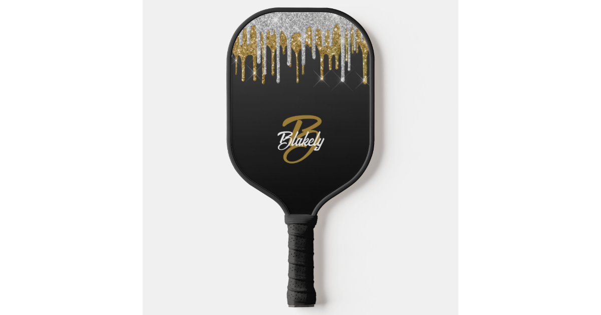 Gold Silver Glitter Drip Monogram Sparkle on Black Pickleball Paddle ...