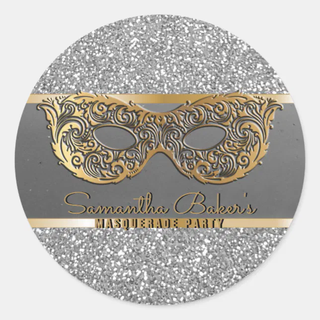 Gold Silver Glitter Masquerade Party Birthday Classic Round Sticker ...
