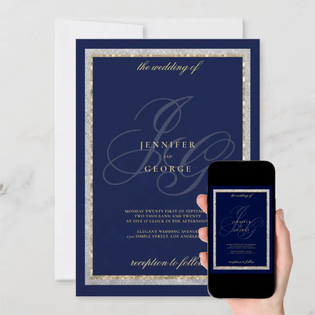 Gold silver navy blue monogram initals wedding invitation | Zazzle