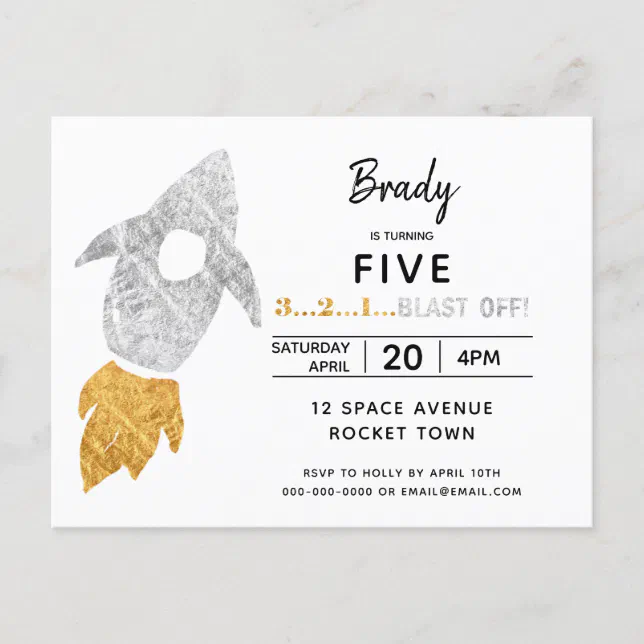Gold Silver Rocket Ship Outer Space Birthday Party Invitation Postcard ...