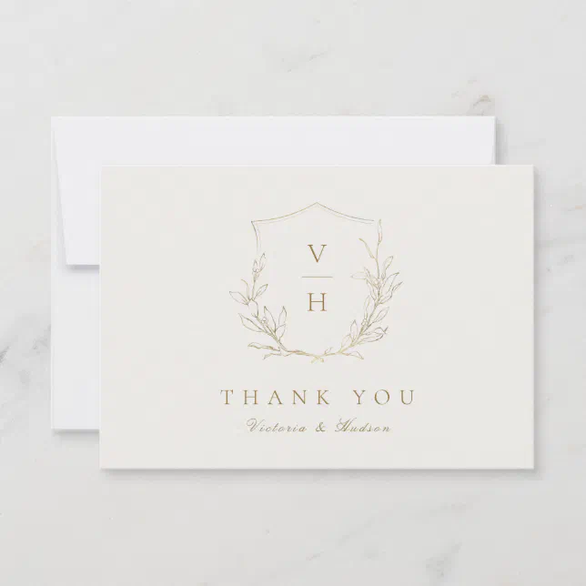 Gold simple botanical crest monogram wedding thank thank you card | Zazzle