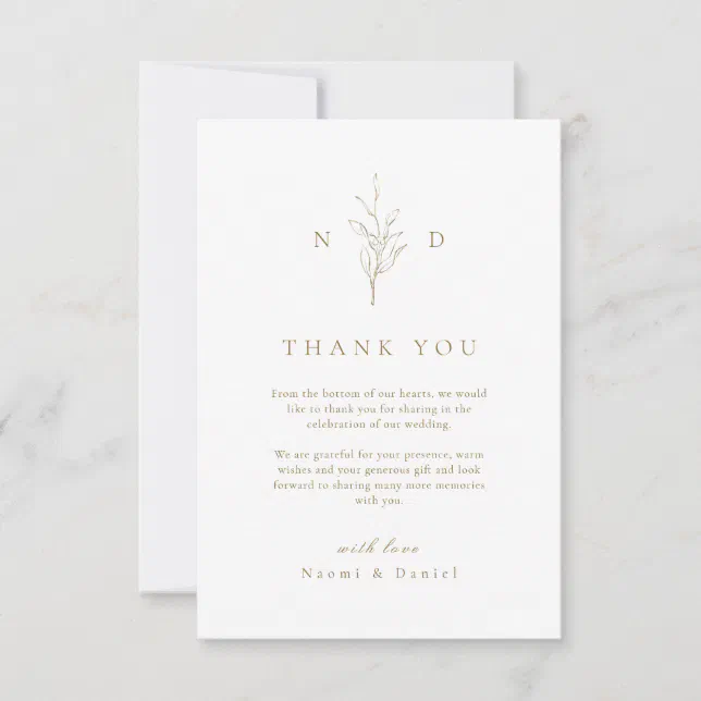 Gold simple botanical leaves monogram wedding thank you card | Zazzle