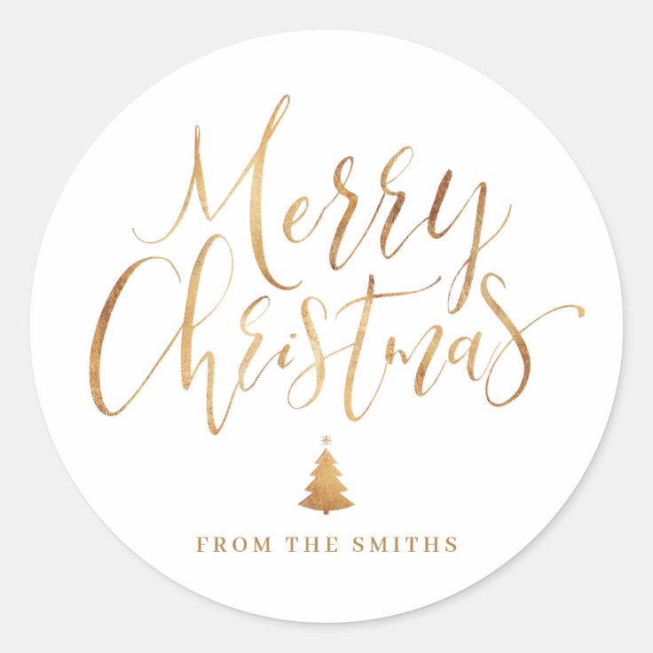 Gold Simple Calligraphy Merry Christmas Classic Round Sticker | Zazzle