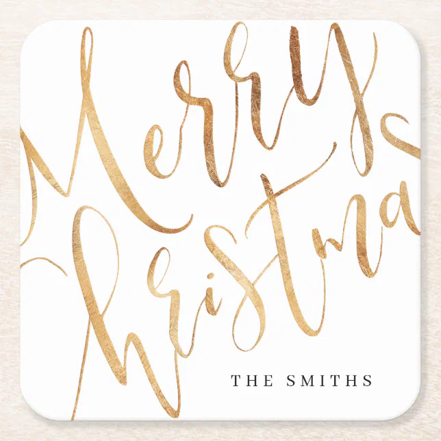 Gold Simple Calligraphy Merry Christmas Square Paper Coaster | Zazzle