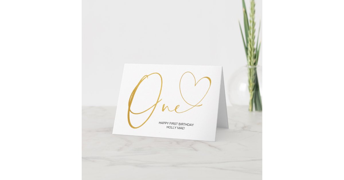 Gold Simple First Birthday One Heart Card | Zazzle
