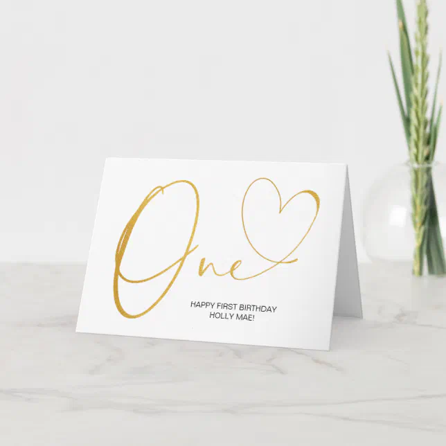 Gold Simple First Birthday One Heart Card | Zazzle