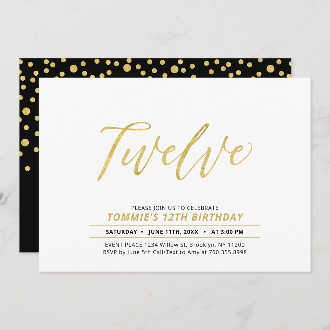 Gold Simple Modern Lettering 12th Birthday Party Invitation | Zazzle