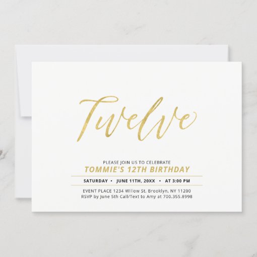 Gold Simple Modern Lettering 12th Birthday Party Invitation | Zazzle