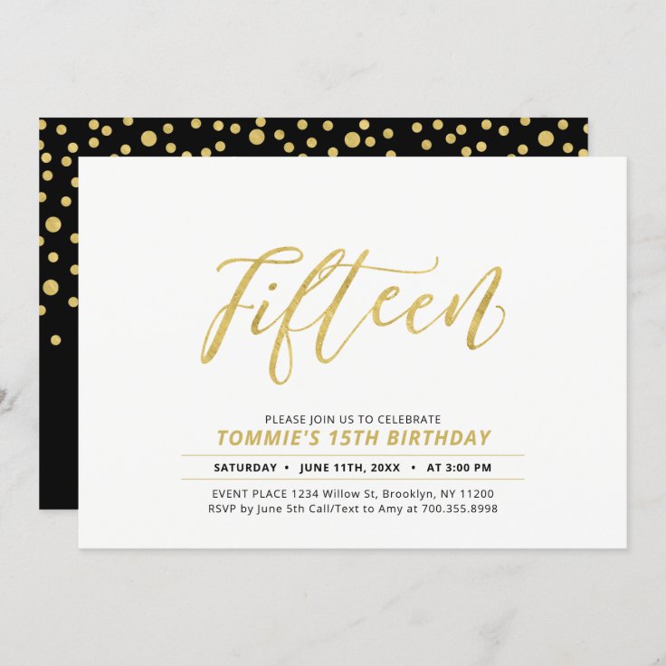 Gold Simple Modern Lettering 15th Birthday Party Invitation | Zazzle