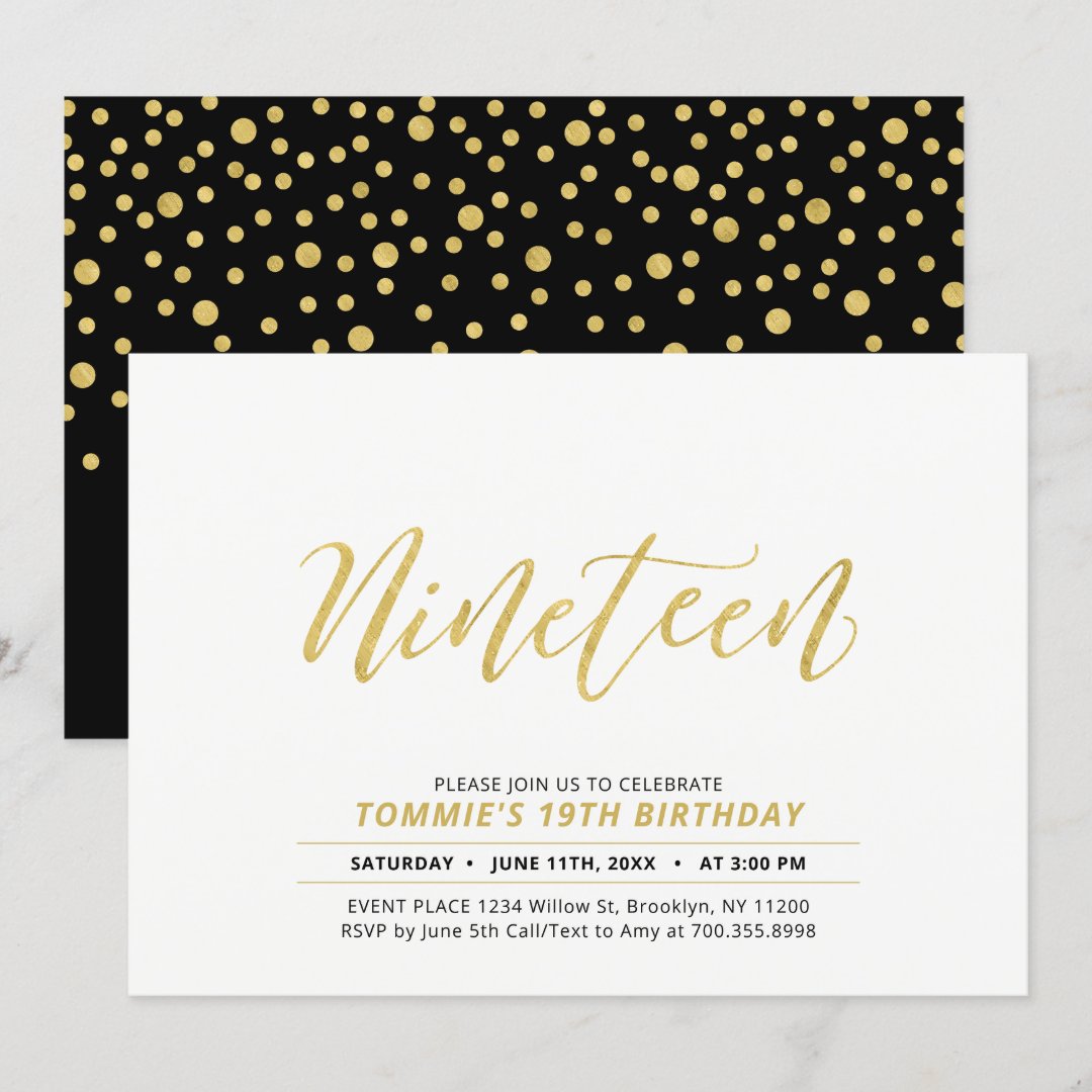 Gold Simple Modern Lettering 19th Birthday Party Invitation | Zazzle