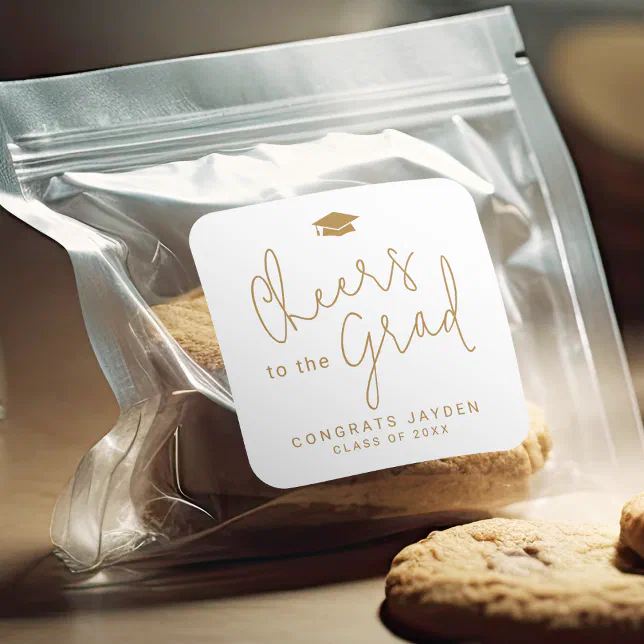 Gold Simple Modern Script Cheers Graduate Square Sticker | Zazzle