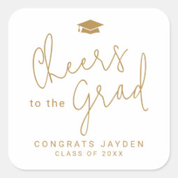 Gold Simple Modern Script Cheers Graduate Square Sticker | Zazzle