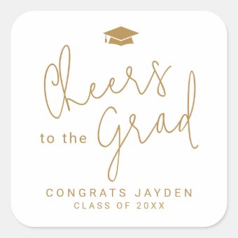 Gold Simple Modern Script Cheers Graduate Square Sticker | Zazzle