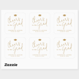 Gold Simple Modern Script Cheers Graduate Square Sticker | Zazzle