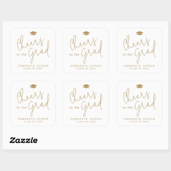 Gold Simple Modern Script Cheers Graduate Square Sticker | Zazzle