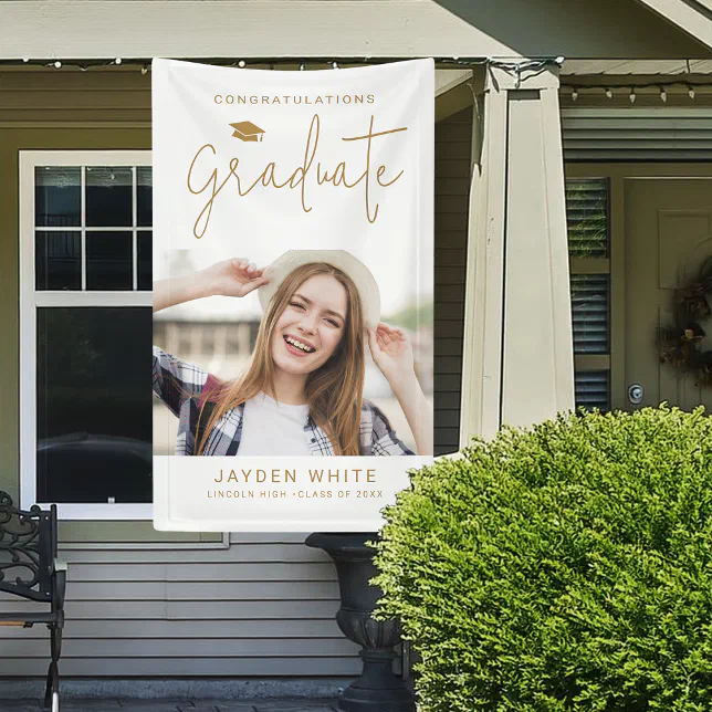 Gold Simple Modern Script Photo Graduation Party Banner | Zazzle