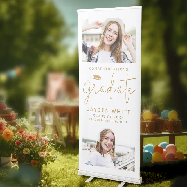 Gold Simple Modern Script Photo Graduation Party Retractable Banner ...