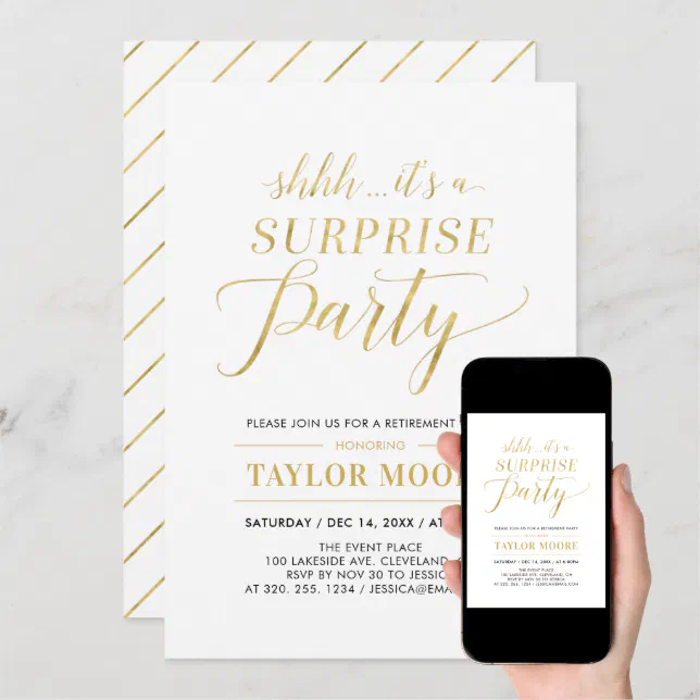 Gold | Simple Modern Surprise Retirement Party Invitation | Zazzle