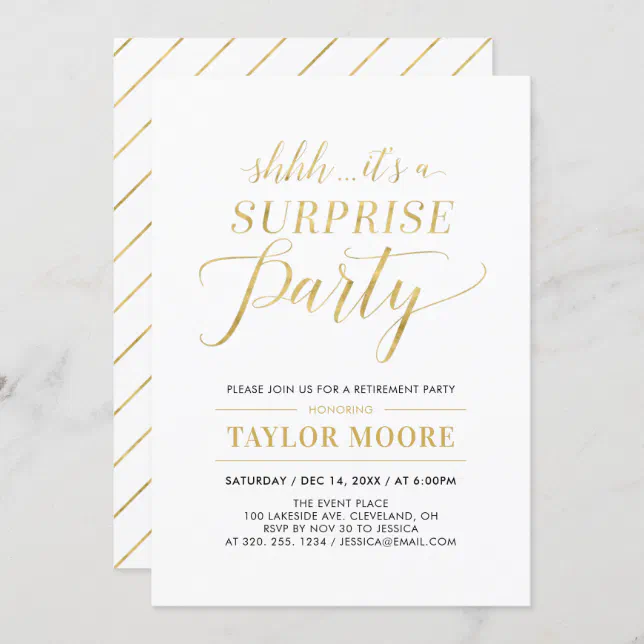 Gold | Simple Modern Surprise Retirement Party Invitation | Zazzle