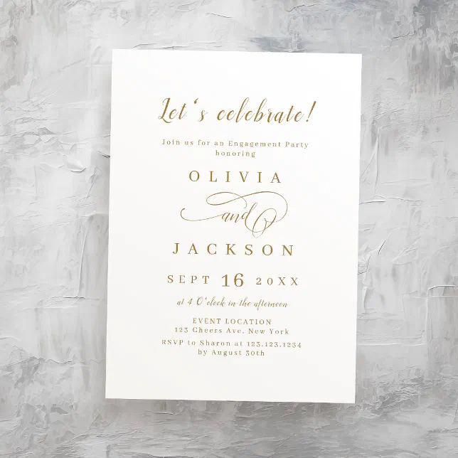 Gold simple romantic script engagement party invitation | Zazzle