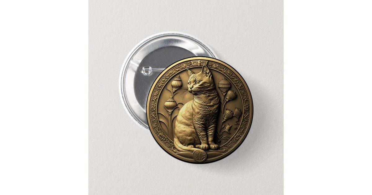 Gold Sitting Cat Medallion Button | Zazzle