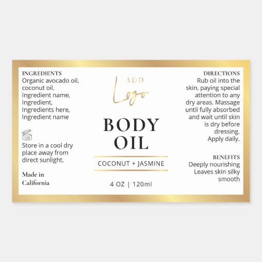 Gold Skincare Body Oil 4 OZ Cosmetic Bottle Label | Zazzle