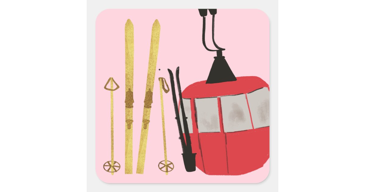 Gold Skis And Poles | Retro Ski Lift Holiday Pink Square Sticker | Zazzle