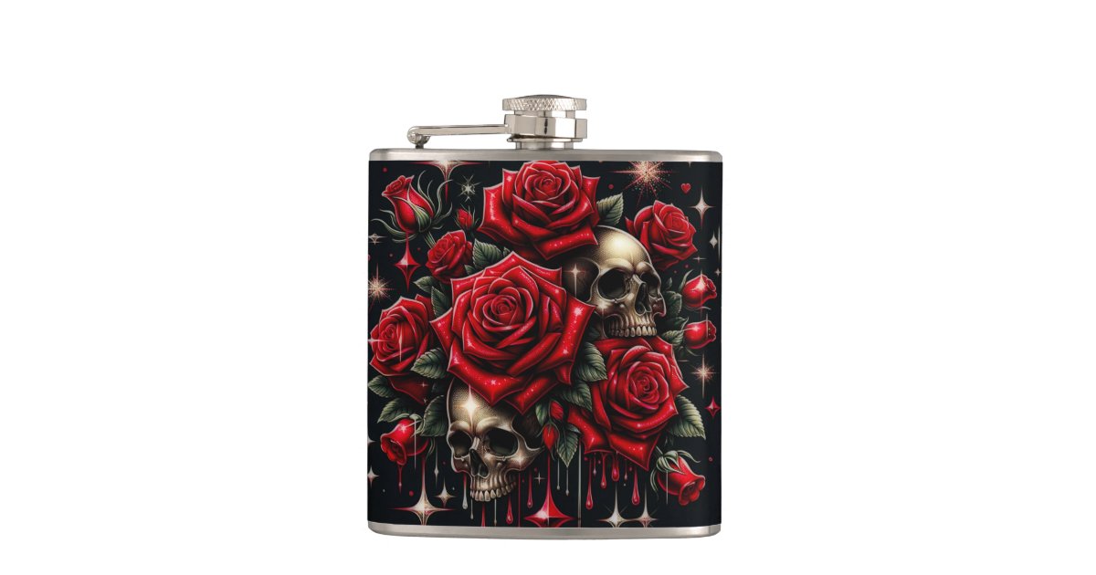 Gold Skulls & Red Roses Sparkle Gothic Glamour Flask | Zazzle