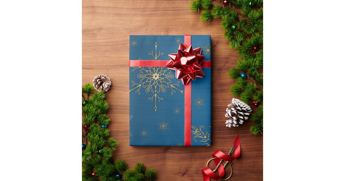 Gold Snowflake Blue Metallic Wrapping Paper | Zazzle