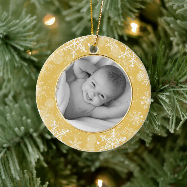 Gold Snowflake Frame Photo Template Ceramic Ornament | Zazzle