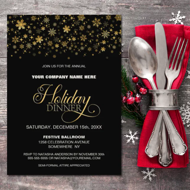 Gold Snowflakes Black Corporate Holiday Dinner Invitation | Zazzle