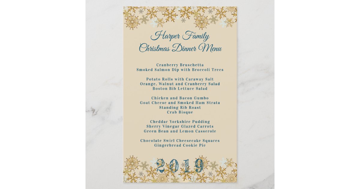 Gold Snowflakes Christmas Dinner Menu Template | Zazzle
