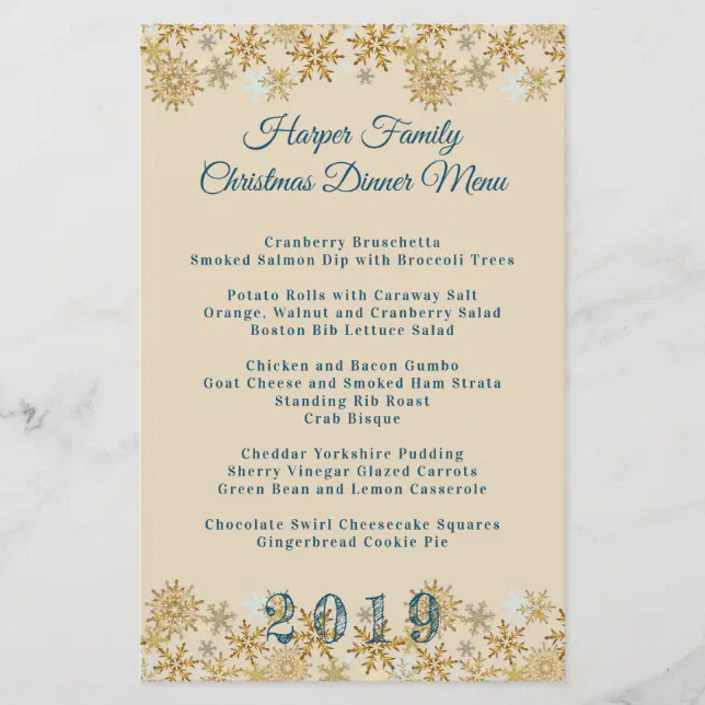 Gold Snowflakes Christmas Dinner Menu Template | Zazzle