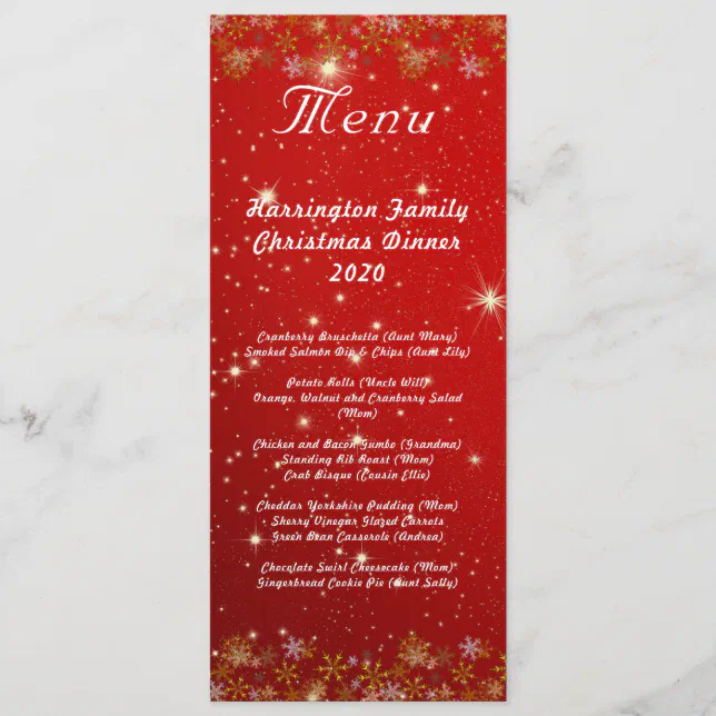 Gold Snowflakes Red Christmas Dinner Menu | Zazzle