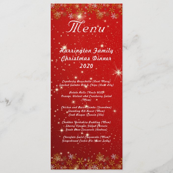 Gold Snowflakes Red Christmas Dinner Menu | Zazzle.com