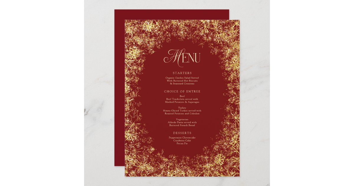 Gold Snowflakes Red Christmas Holiday Dinner Menu | Zazzle