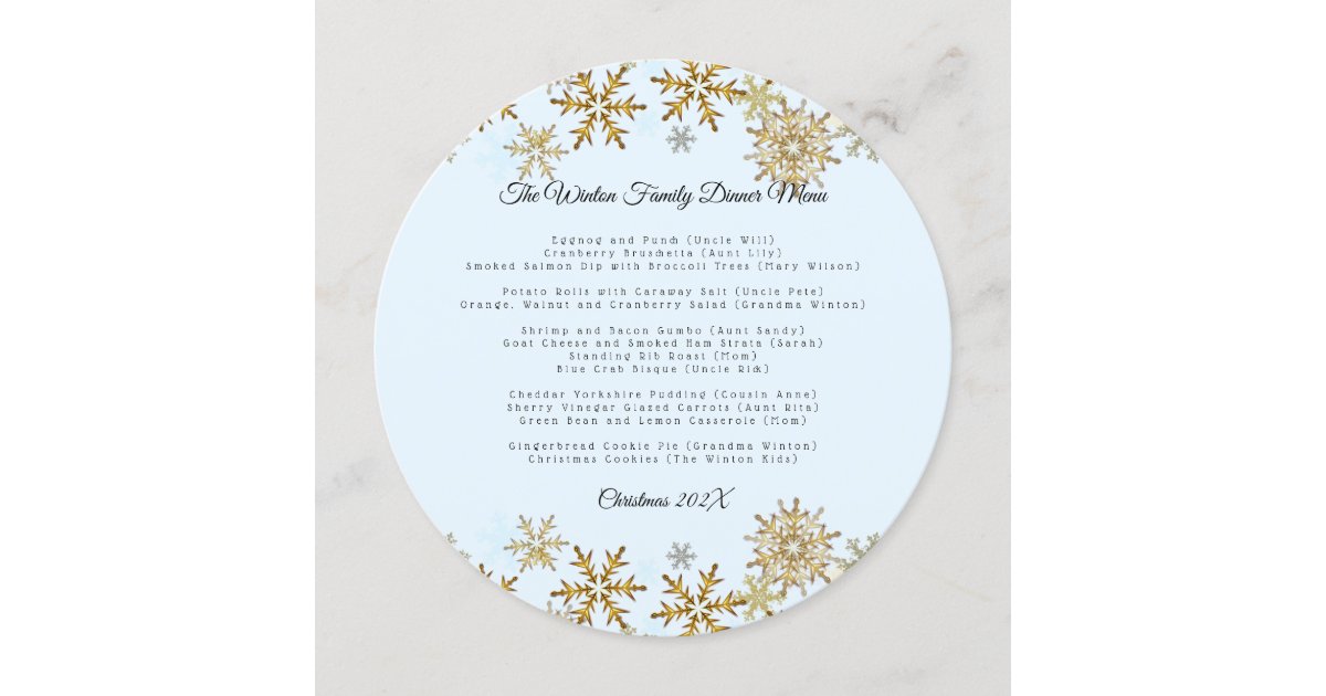 Gold Snowflakes Round Family Christmas Menu | Zazzle