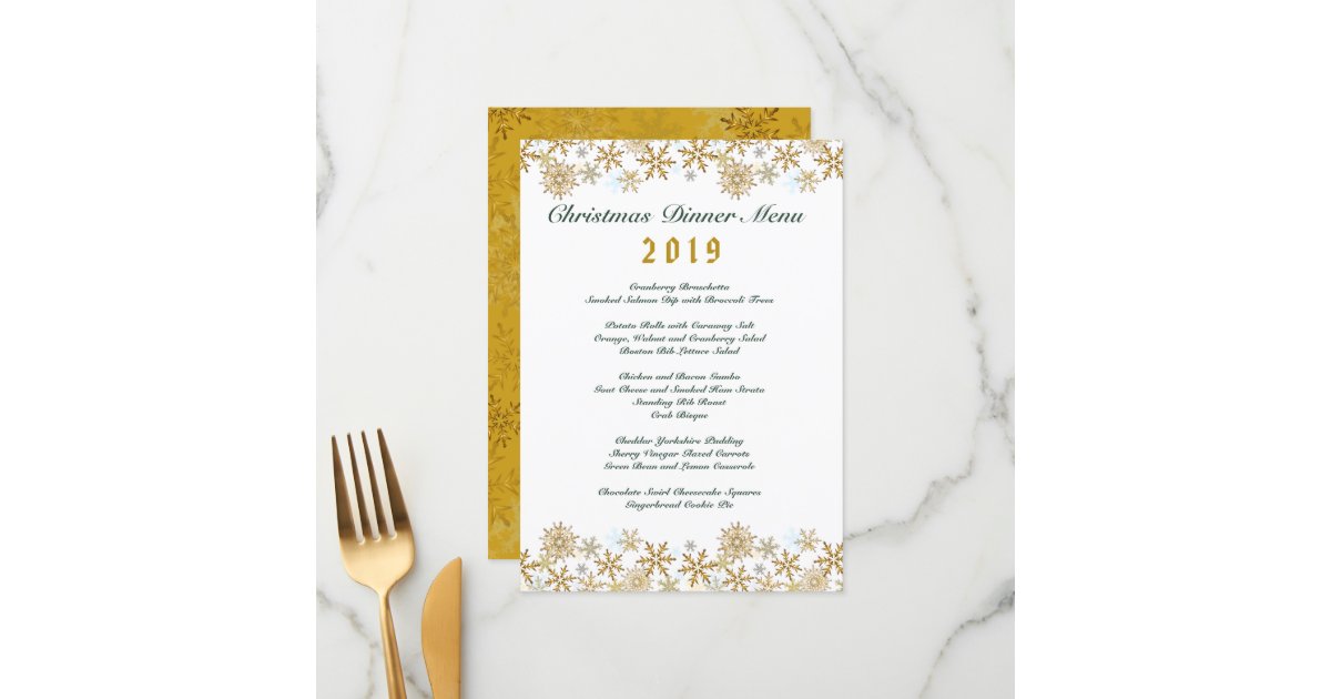 Gold Snowflakes White Christmas Dinner Menu | Zazzle
