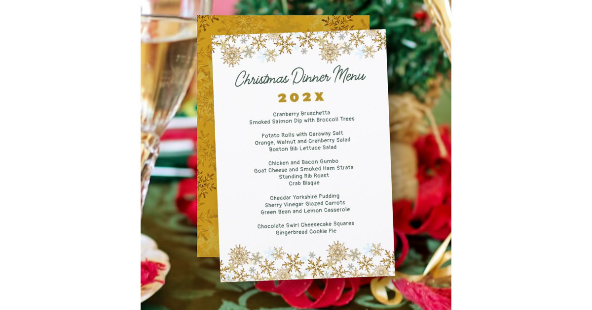 Gold Snowflakes White Christmas Dinner Menu | Zazzle
