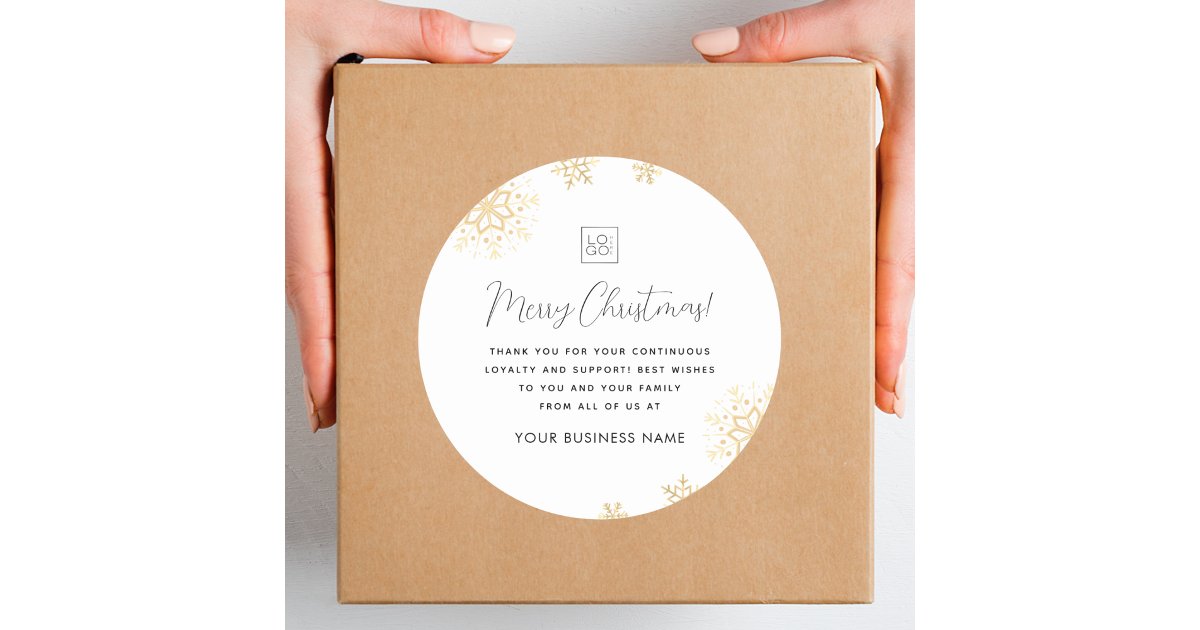 Gold Snowflakes Xmas Custom Business Logo Company Classic Round Sticker ...