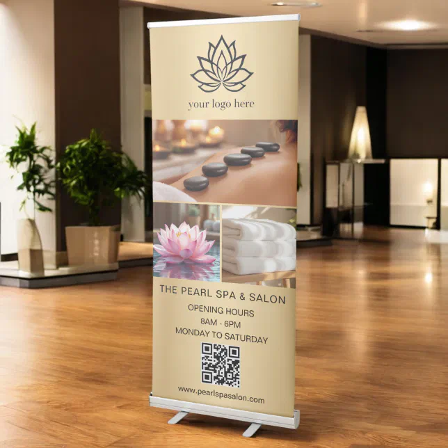 Gold Spa Salon QR Code Business Logo Photo Retractable Banner | Zazzle