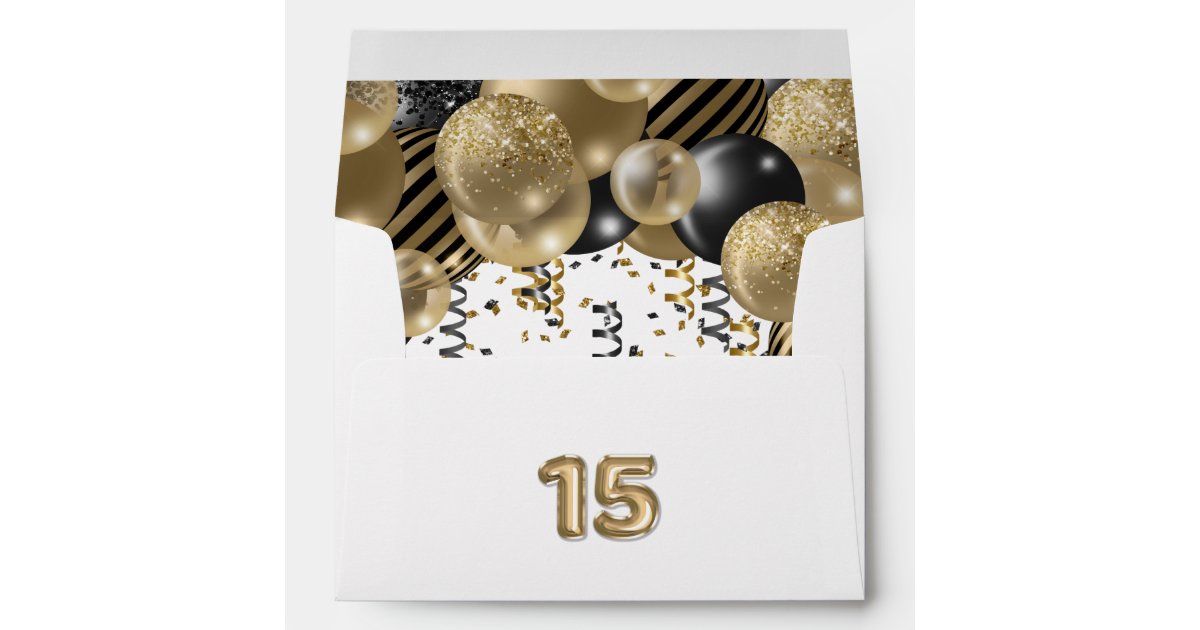 Gold Sparkle Black Quinceanera Balloon Envelope | Zazzle