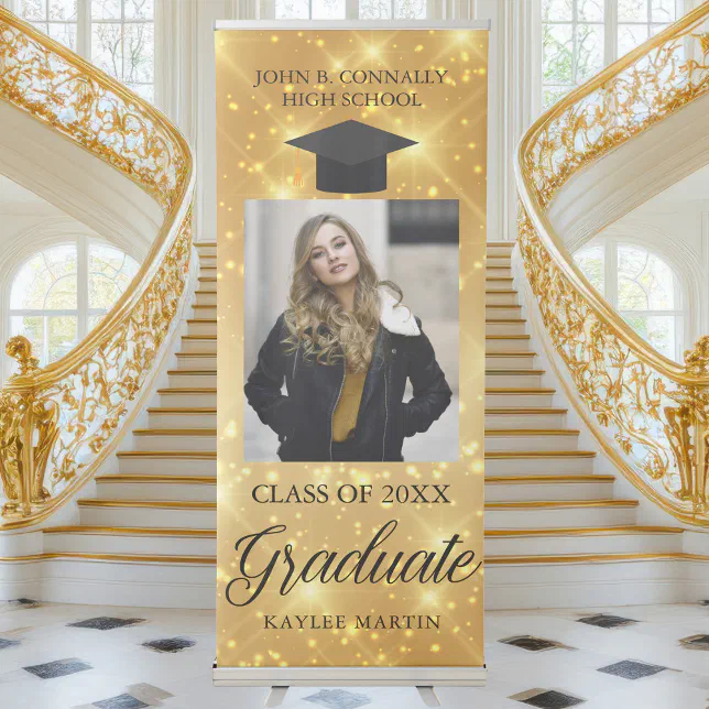Gold Sparkle Custom Photo 2025 Graduation Party Retractable Banner | Zazzle
