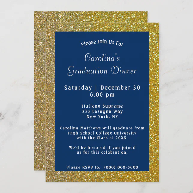 Gold Sparkle Dinner Blue Graduation Invitation | Zazzle