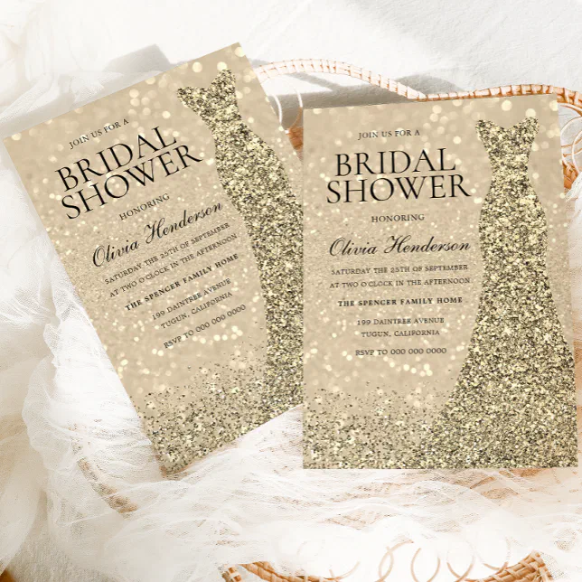 Gold Sparkle Dress Champagne Shimmer Bridal Shower Invitation | Zazzle