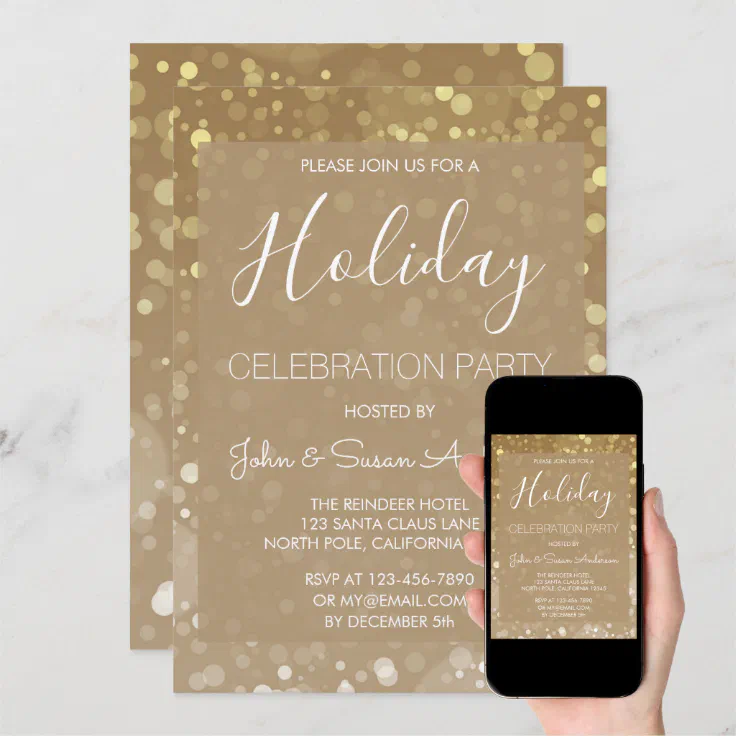 Gold Sparkle Glitter Lights Holiday Party Invitation | Zazzle